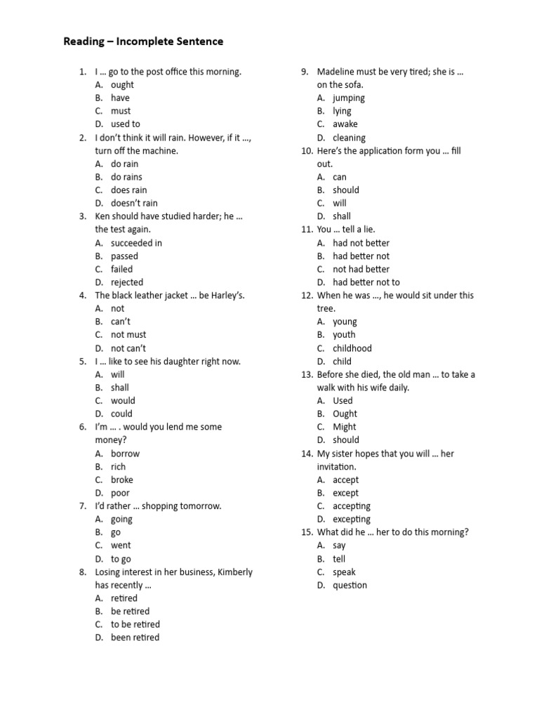 TOEIC Reading Incomplete Sentence | PDF