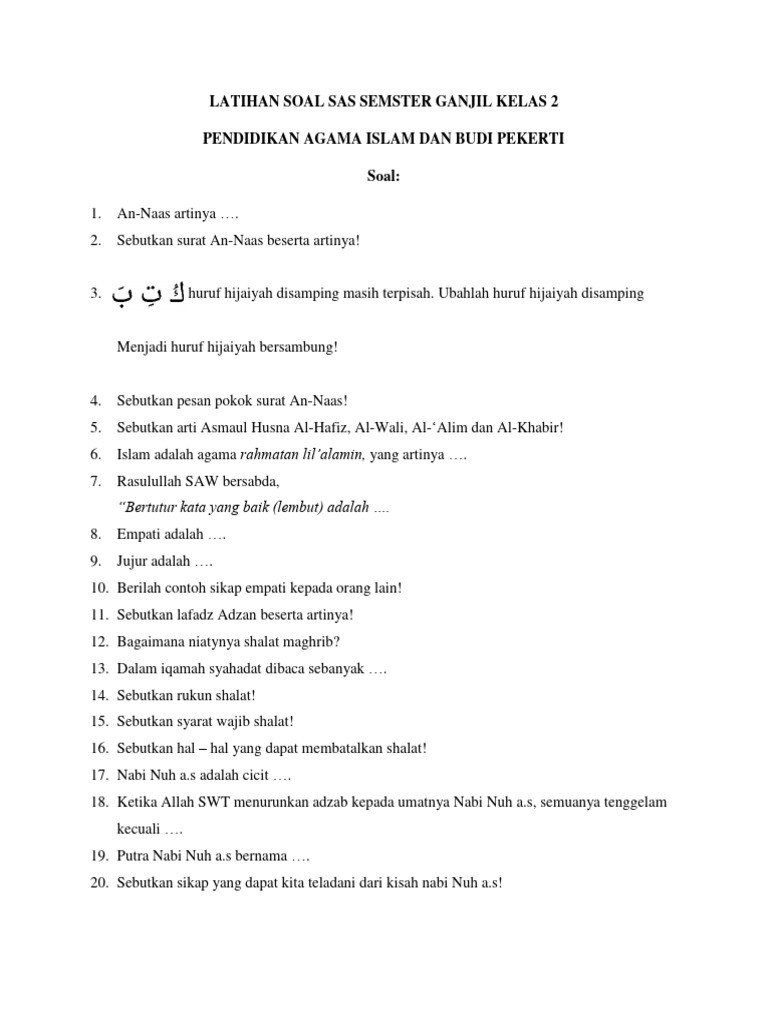 Latihan Soal Sas Semster Ganjil Kelas 2 2023 | PDF