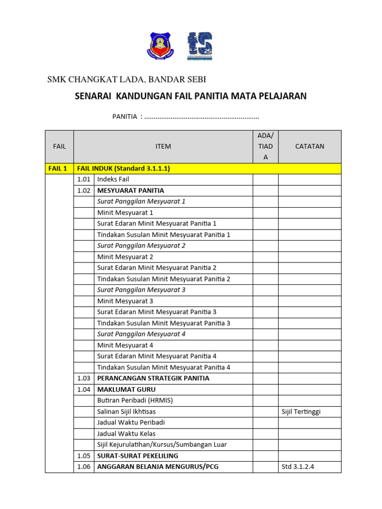 Senarai Semak Kandungan Fail Panitia Terkini | PDF