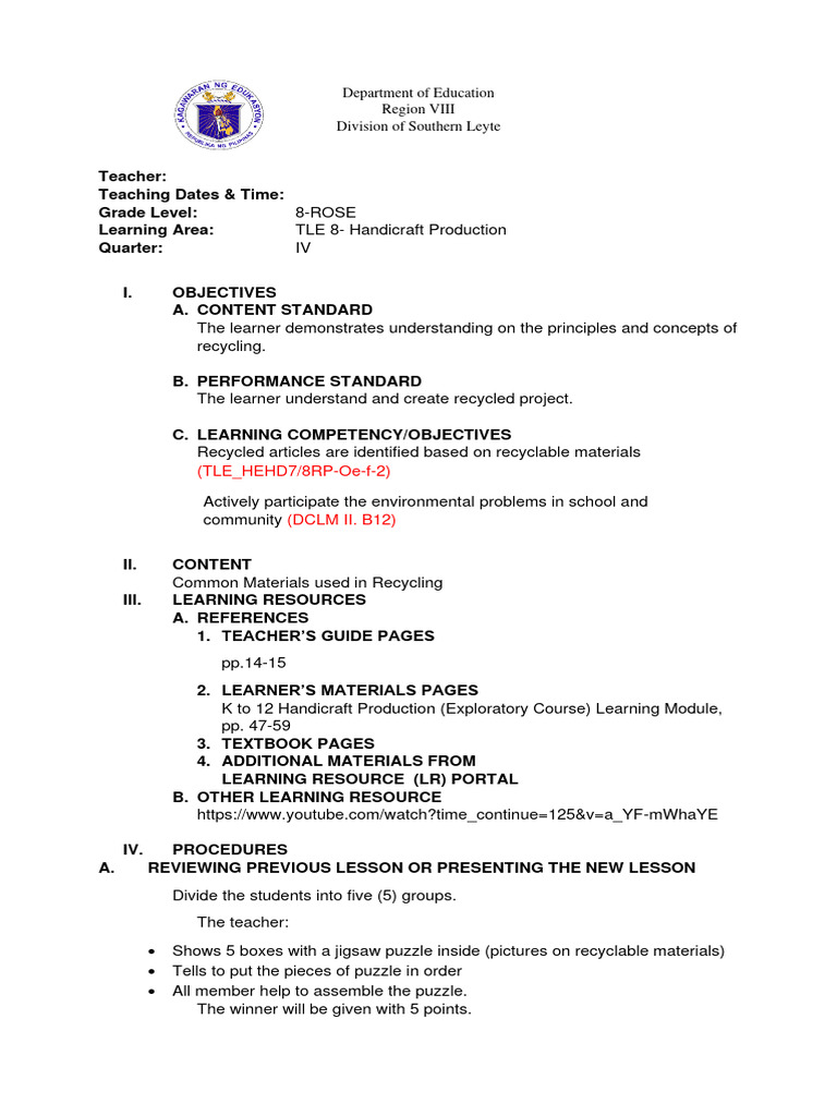 Recycling Lessonplan | PDF | Learning | Recycling