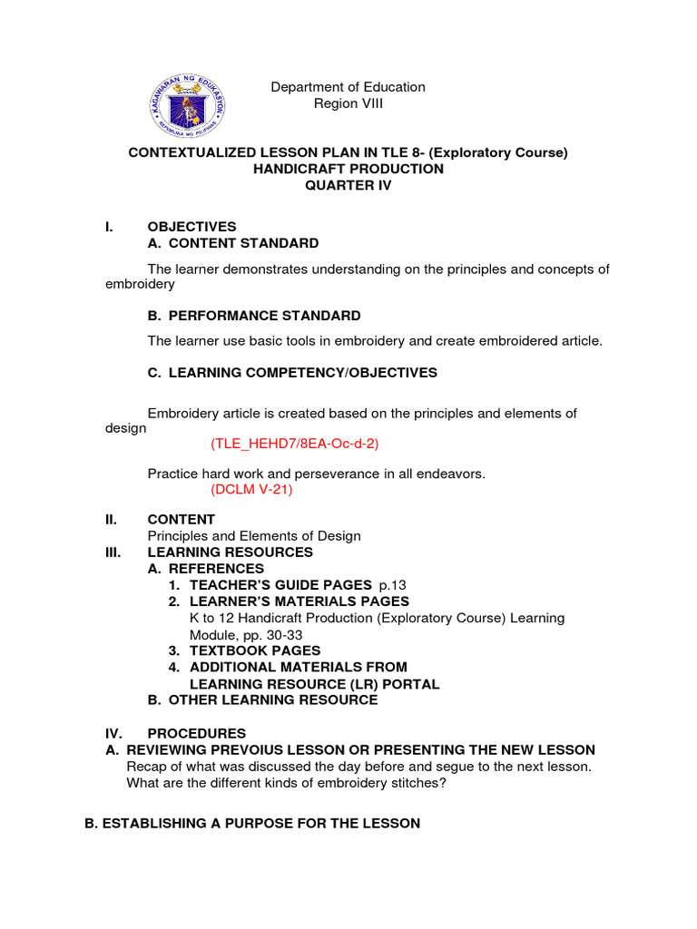 TLE 8 Handicraft: Embroidery Lesson Plan | PDF | Learning | Embroidery