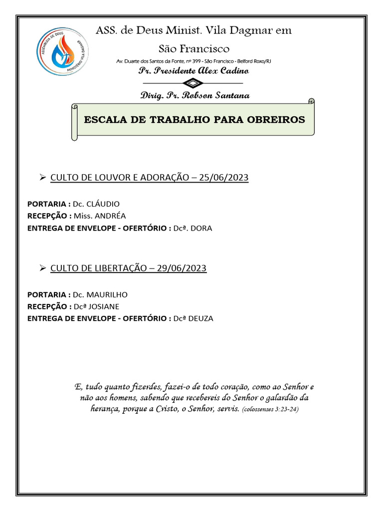 Escala de Trabalho Cultos-4 | PDF