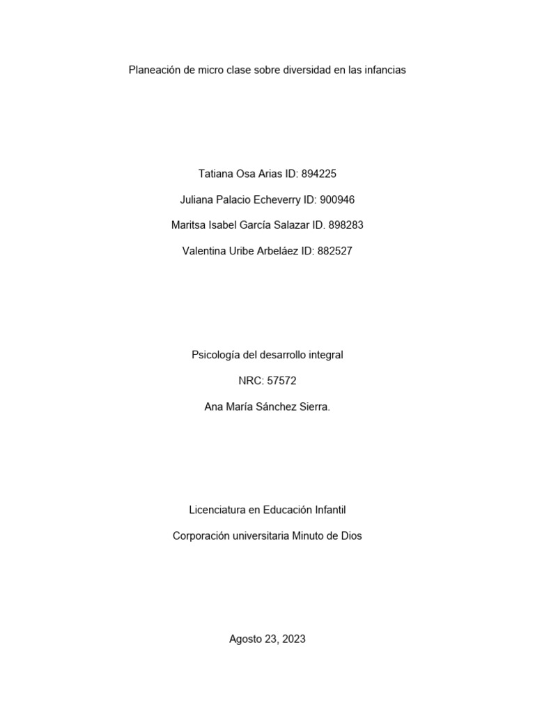 Planeación de Micro Clase Sobre Diversidad en Las Infancias | PDF | Educación de la primera ...