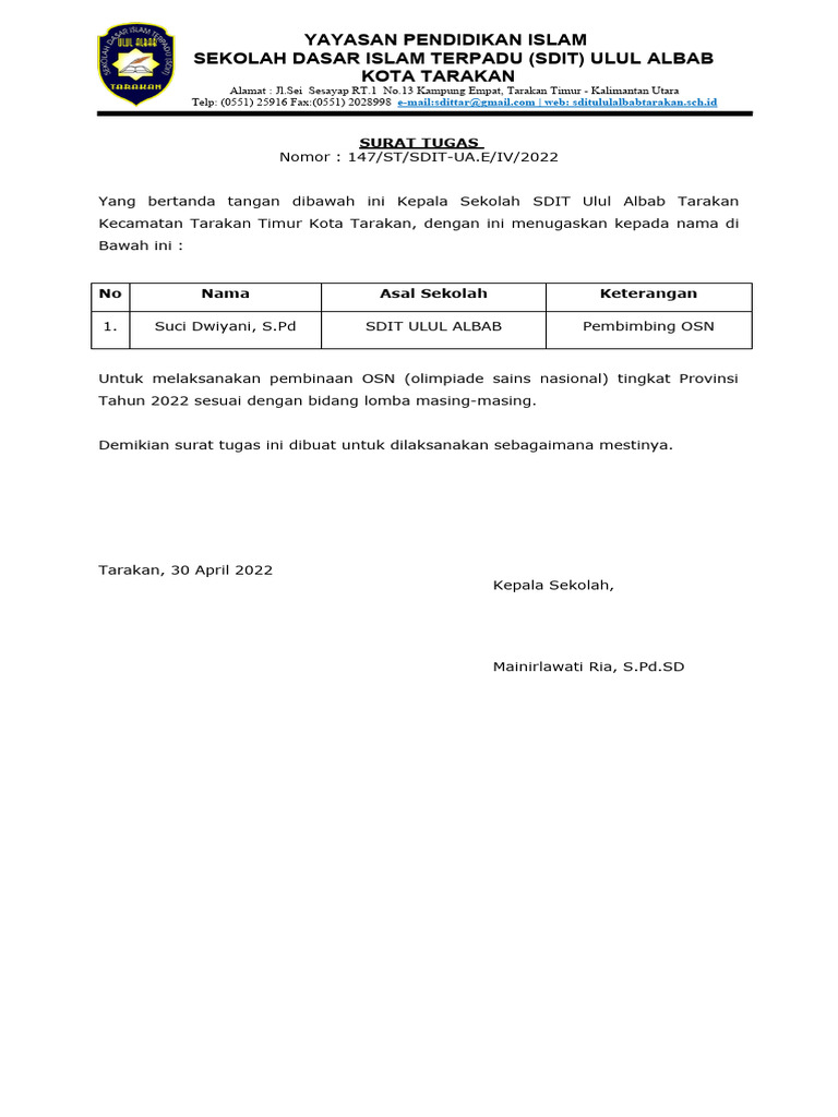 Surat Tugas Tugas Osn 2022 | PDF