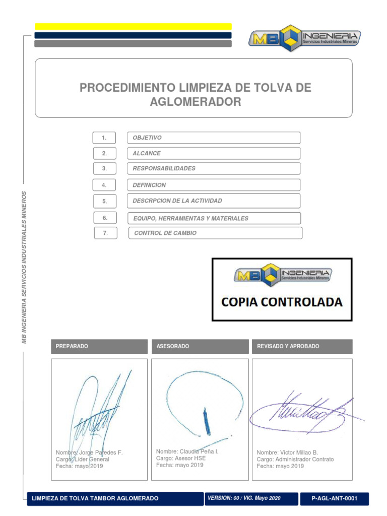 P-Agl-Ant-0001 - Procedimiento Limpieza de Tolva Tambor de Aglomerado CC | PDF | Tecnología