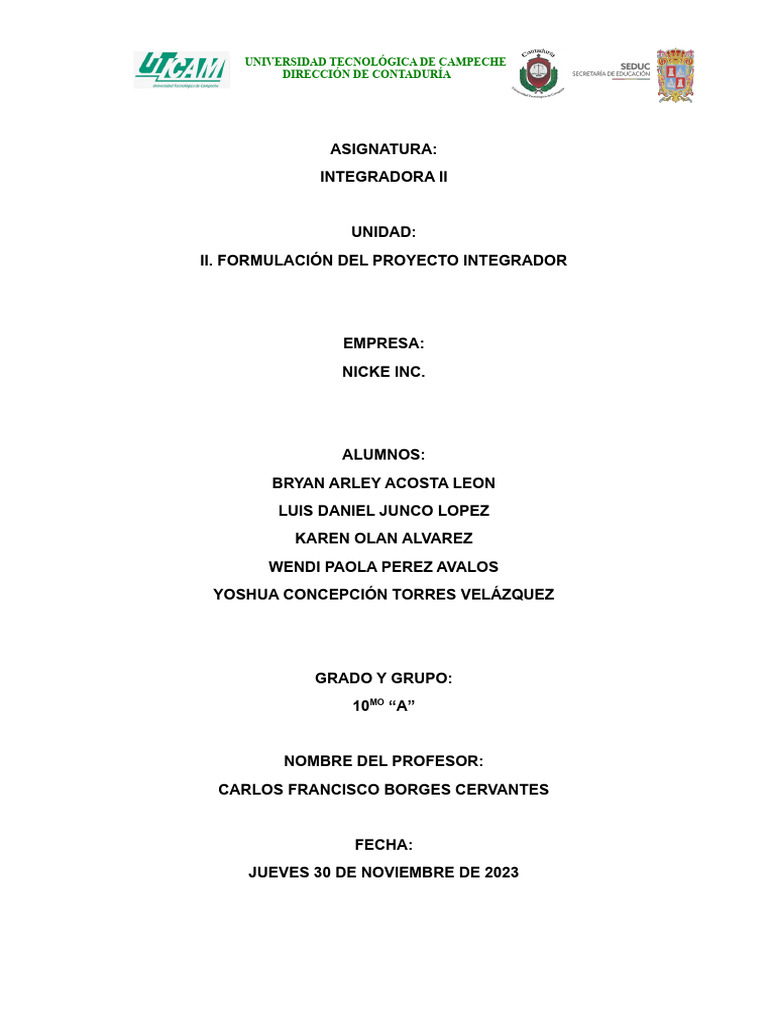 Integradora 2 Formulacón Del Proyecto Integrador | PDF | Contabilidad | Auditoría