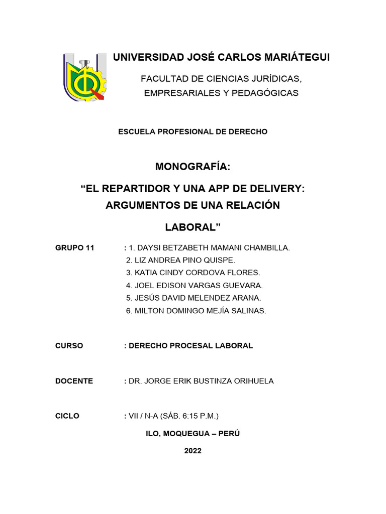 Monografia Del Grupo 11 - El Repartidor y Una App de Delibery - Argumentos de Una Rel - Laboral ...
