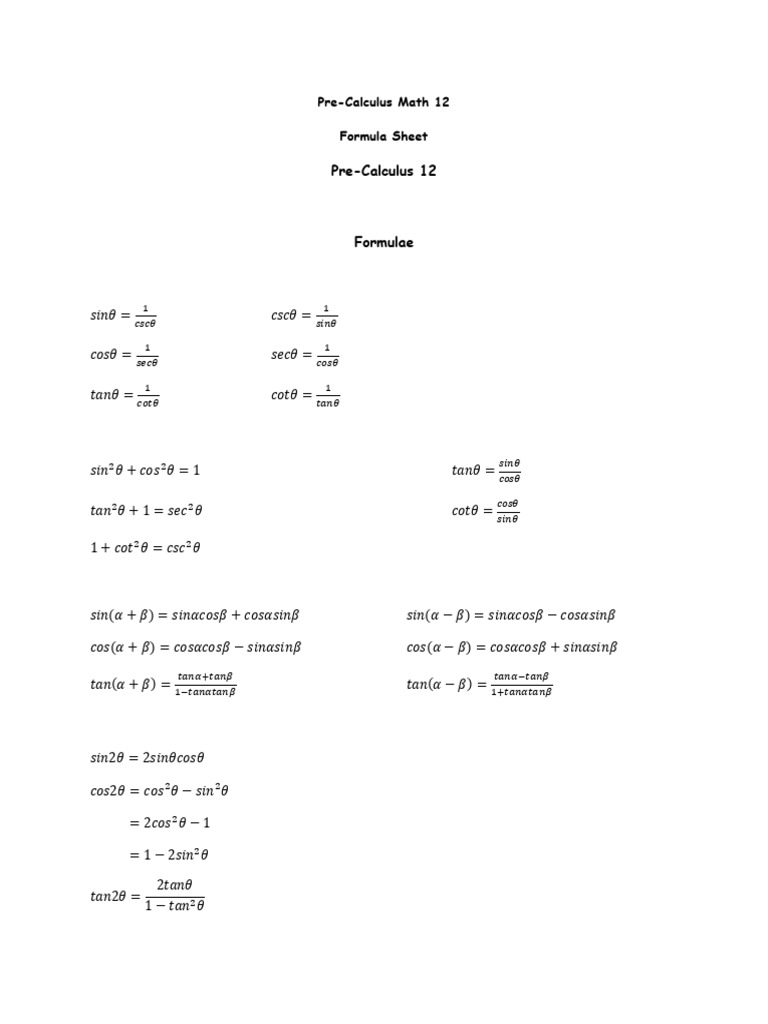 Formula Sheet Pdf Teaching Methods Materials