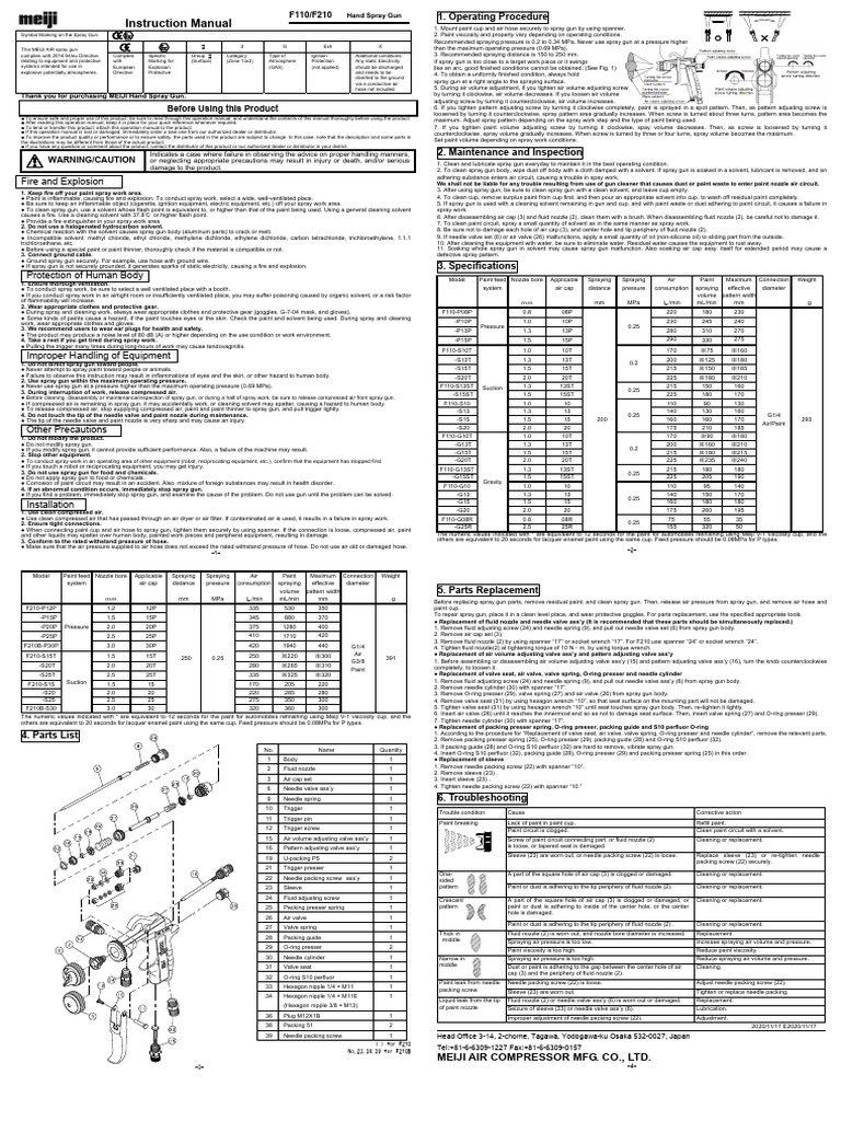 F110/F210 Hand Spray Gun Operating Manual | PDF | Paint | Valve