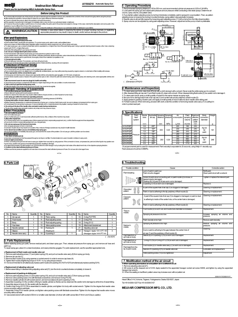 A110/A210 Automatic Spray Gun Manual | PDF | Paint | Valve