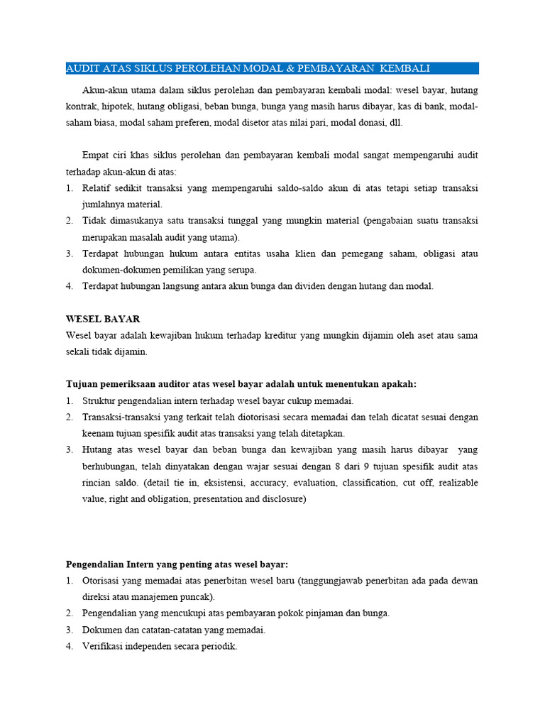 Audit Siklus Perolehan Modal dan Pembayaran | PDF | Bisnis ...