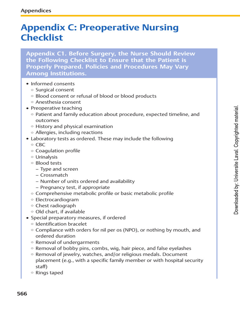 Appendix C Preoperative Nursing Checklist | PDF | Surgery | Medicine