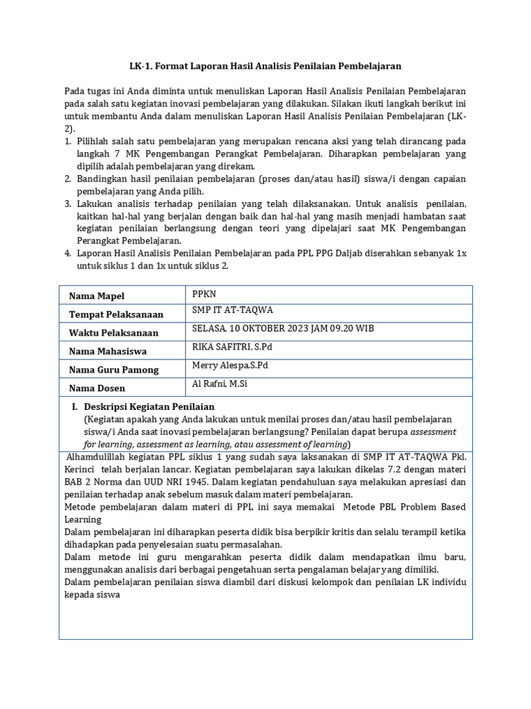 Laporan Analisis Penilaian Pembelajaran | PDF