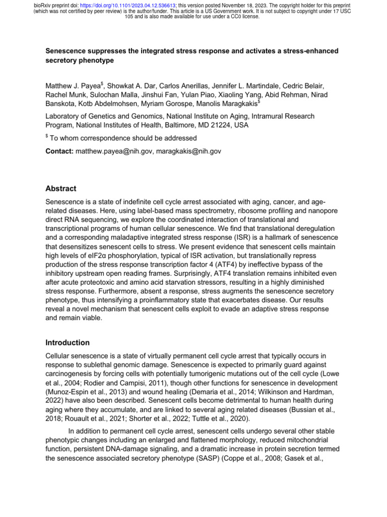 Senescence Suppresses The Integrated Stress Response and Activates A ...