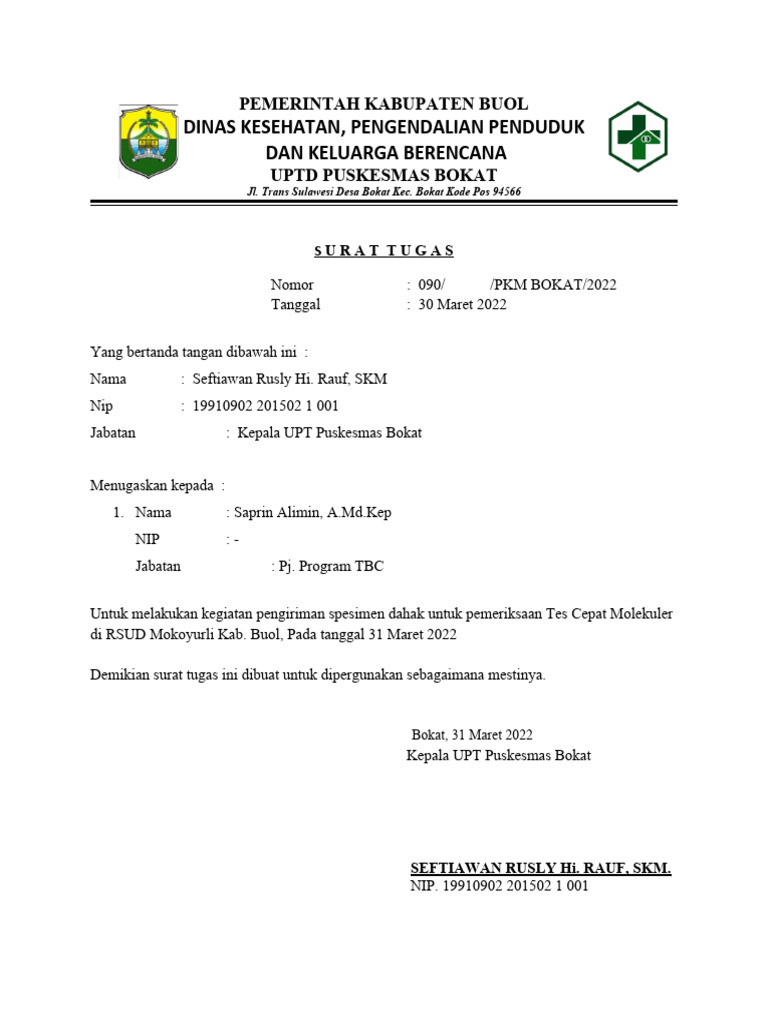 Surat Tugas Pengantaran Spesimen | PDF