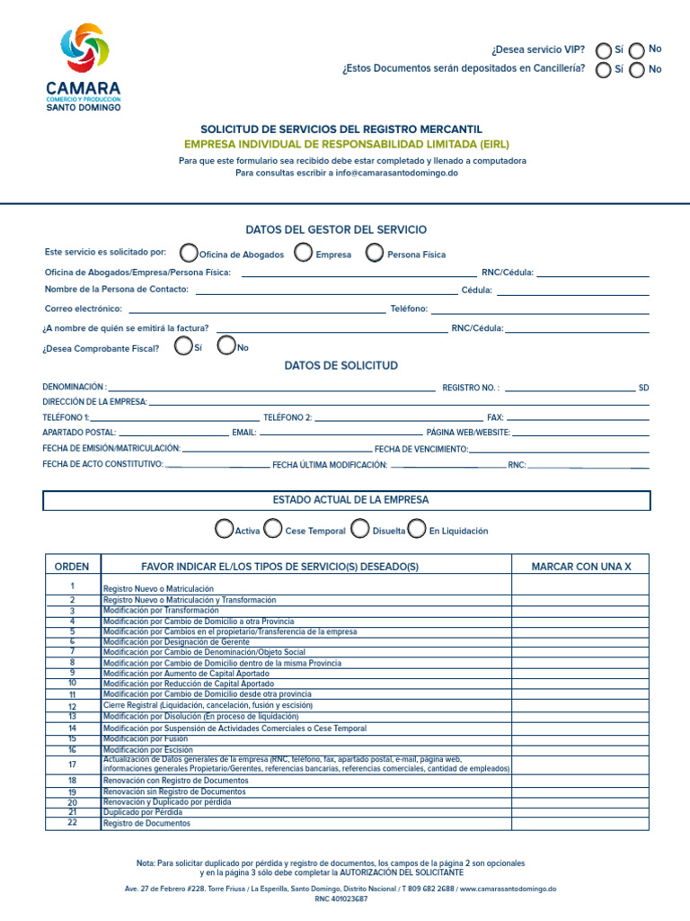 Formulario Solicitud de Servicios Del Registro Mercantil EIRL | PDF | Economias