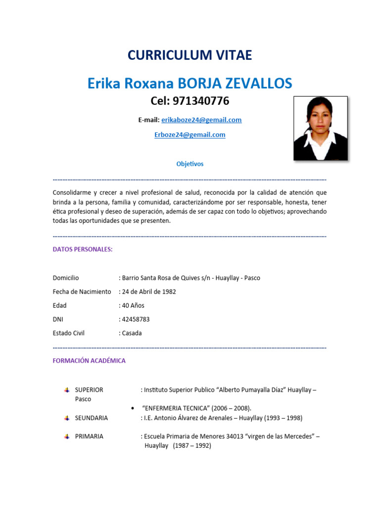 Curriculum Vitae Erika Roxana BORJA ZEVALLOS | PDF | Medicina | Cuidado de la salud