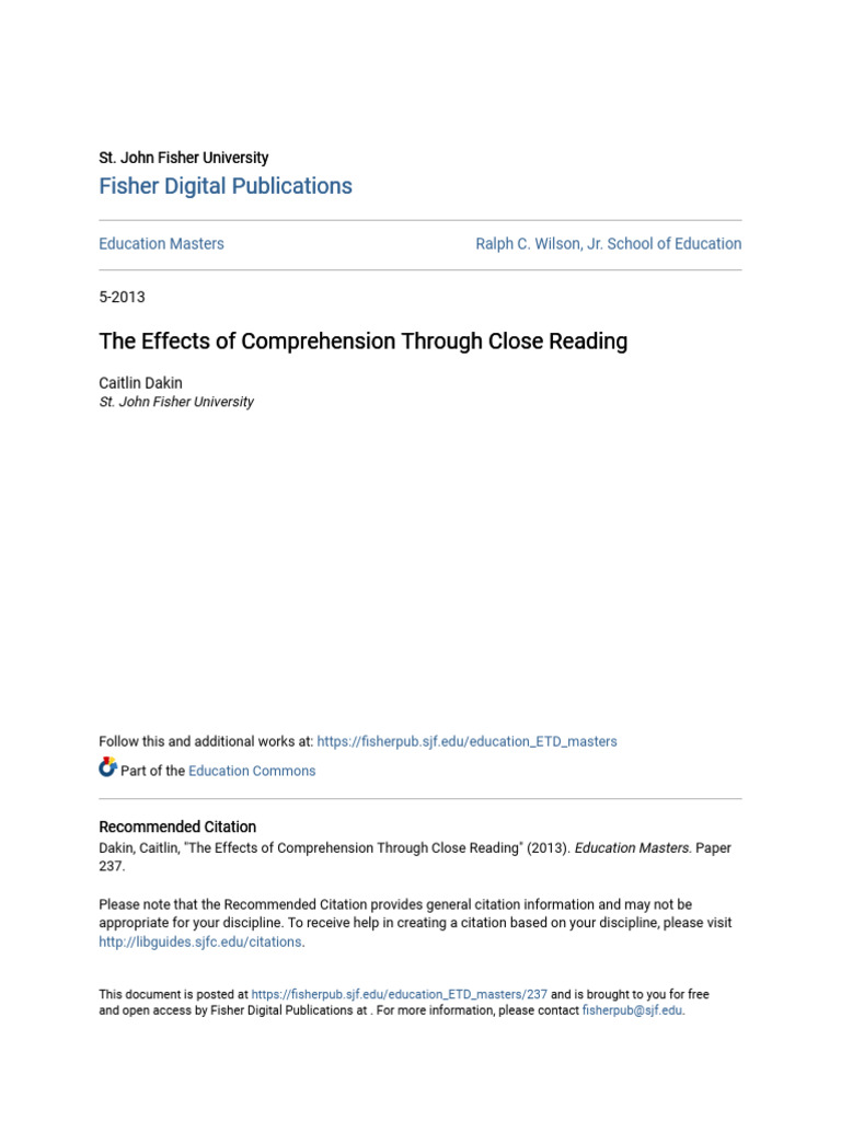 The Effects of Comprehension Through Close Reading | PDF | Reading Comprehension | Literacy
