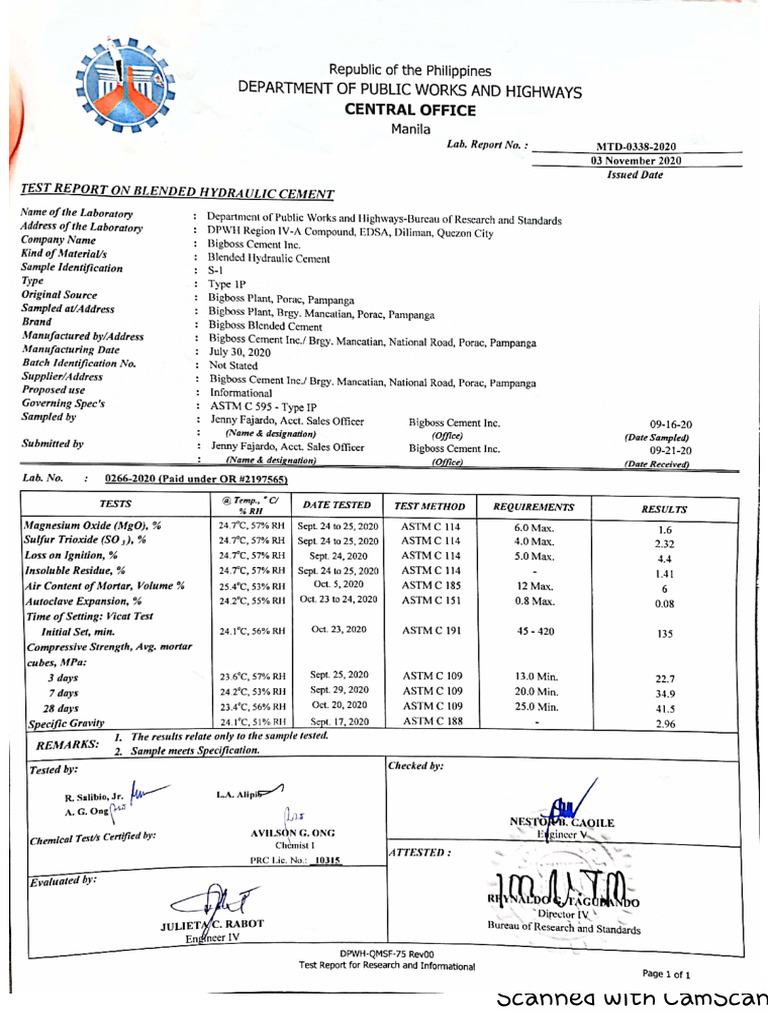 Test Result From DPWH - Nov. 25, 2020 | PDF