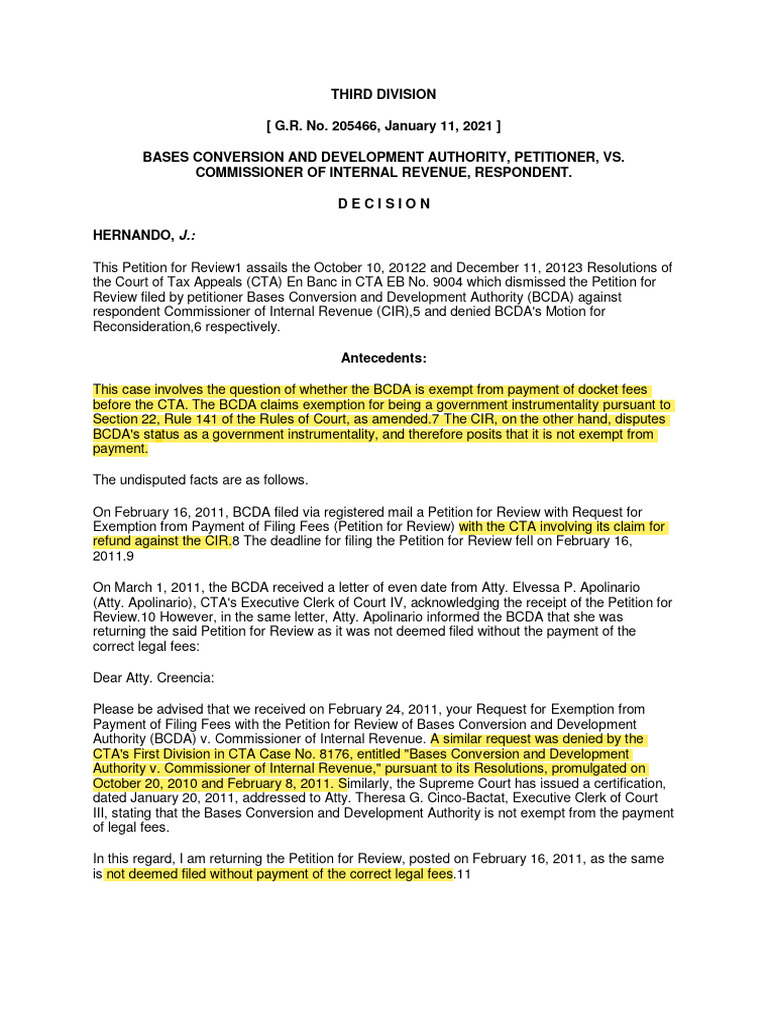 Bases Conversion and Development Authority V CIR, G.R. No. 205466, 11 January 2021 | PDF ...