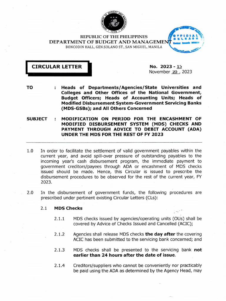 Circular Letter No 2023 15 Dated November 20 2023 | PDF