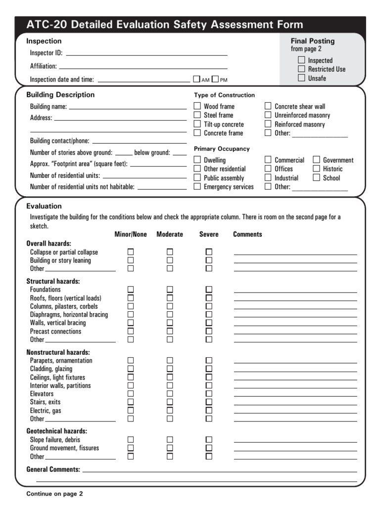 ATC-20 Detailed Evaluation Safety Assessment Form | PDF | Wall | Concrete