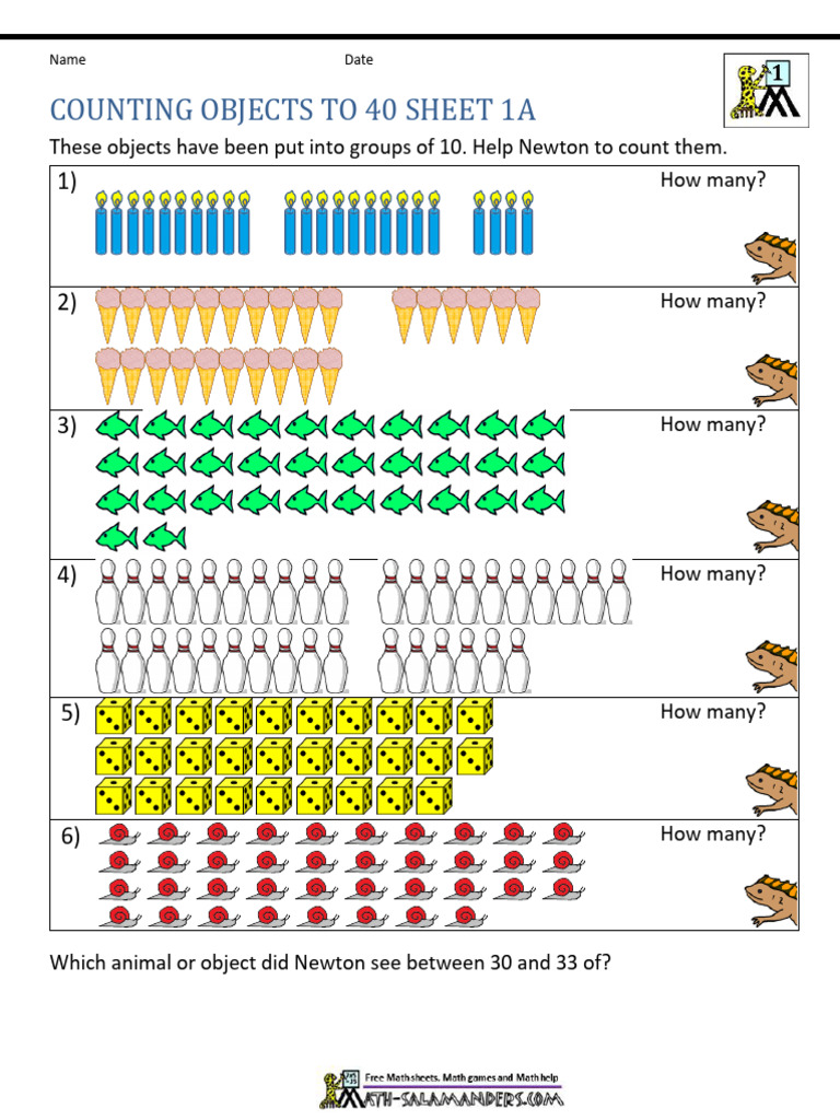 Counting Objects to 40 Worksheet | PDF