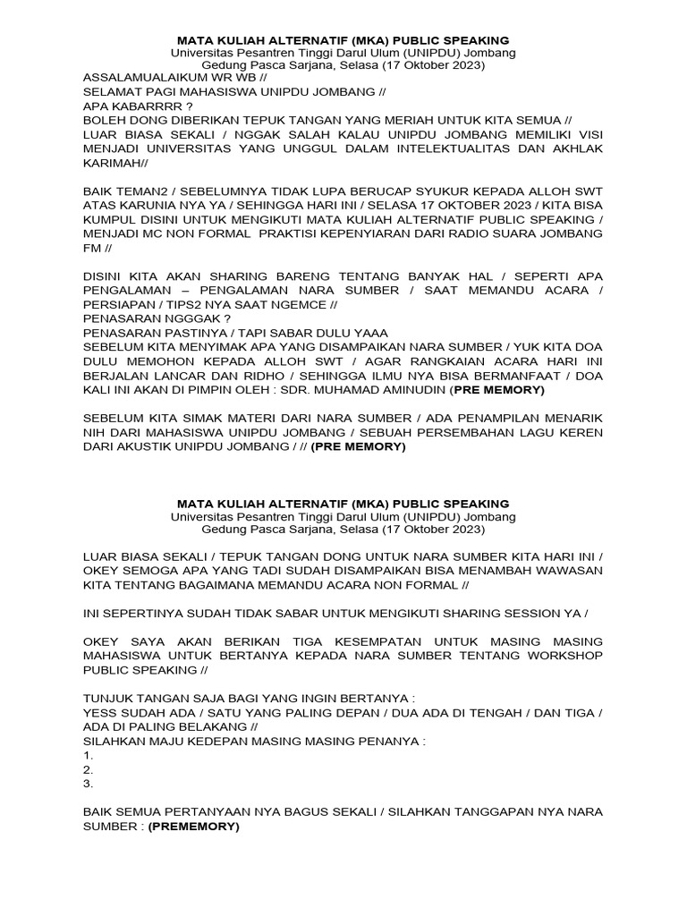 Mka - PS - Non Formal Contoh Skrip Dan Latihan | PDF