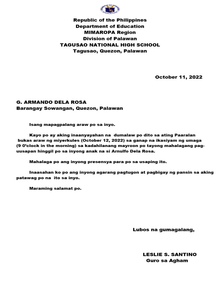 Letter Sa Magulang | PDF