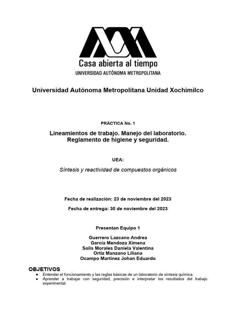 Reporte 1 Pract. Lab | PDF | Laboratorios | Química