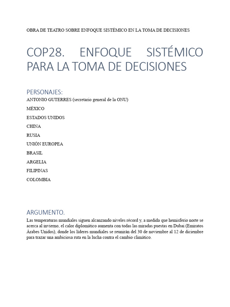 Obra de Teatro Sobre Enfoque Sistémico en La Toma de Decisiones | PDF | Cambio climático | Tierra