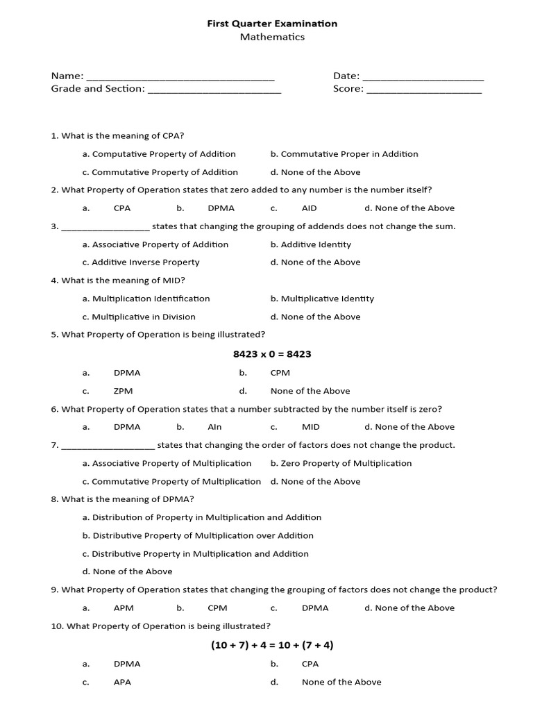 First Quarter Examination (MATH) | PDF | Multiplication | Mathematical ...