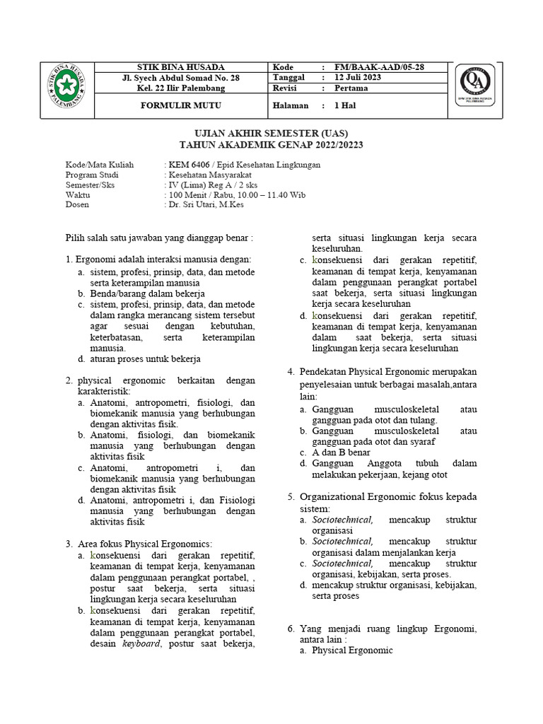 DR Sri Utari Soal UAS Epid Kesling Genap Ta 2022-2023 | PDF | Komputer | Sains & Matematika
