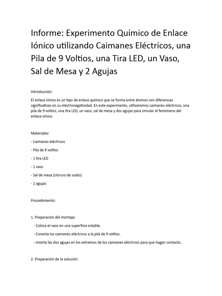 Informe: Experimento Químico de Enlace Iónico Utilizando Caimanes ...