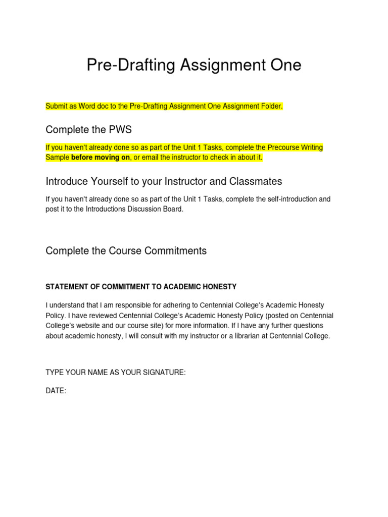 Pre Drafting Assignment One Template Pdf