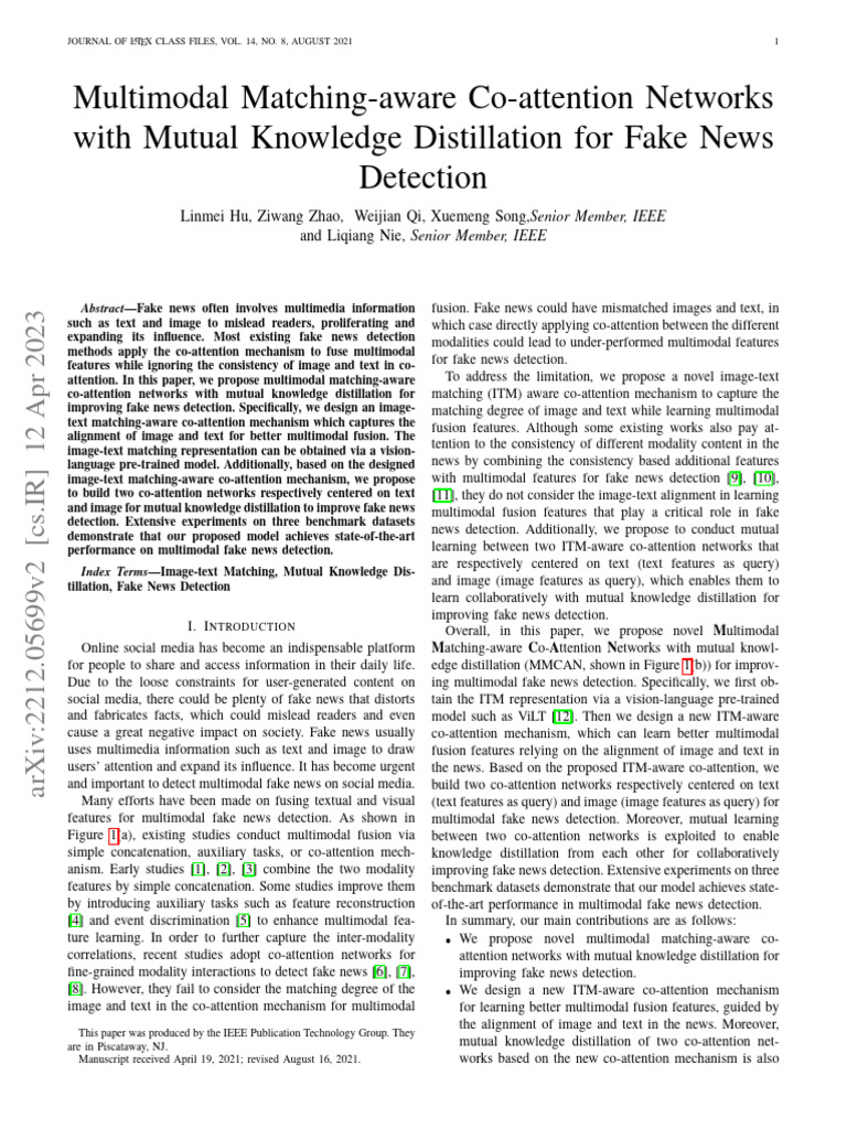 Multimodal Matching-Aware Co-Attention Networks With Mutual Knowledge Distillation For Fake News ...