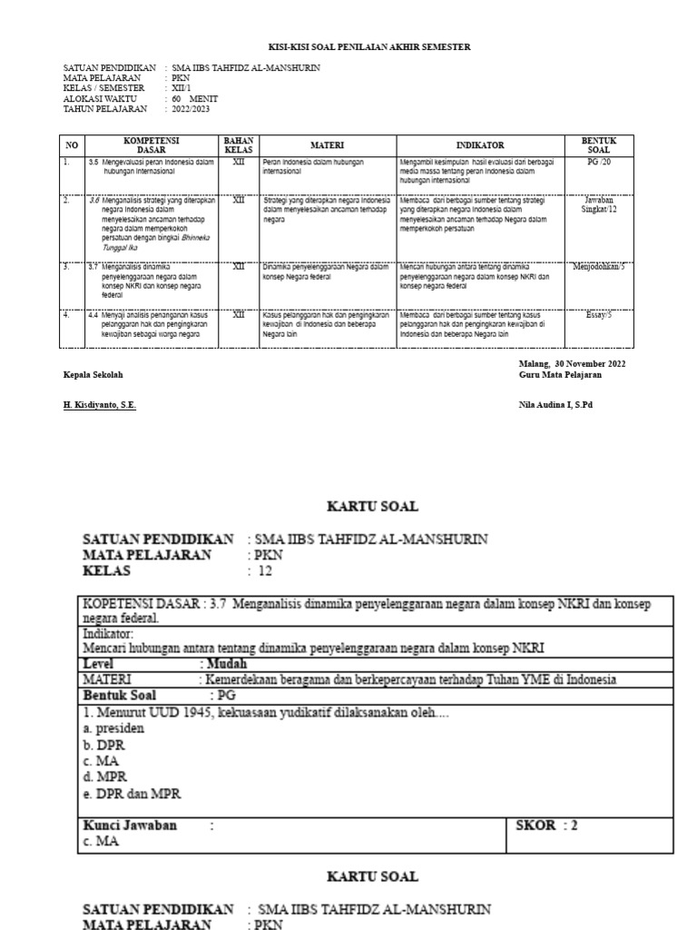 KISI KISI Dan Kartu Soal PKN 12 22-23 (AutoRecovered) | PDF | Kesehatan Holistik | Sains ...