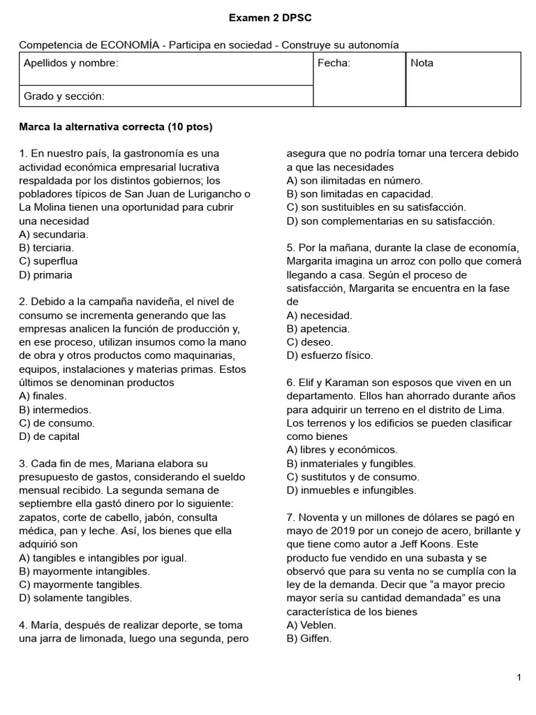Examen 2 - DPSC | Descargar gratis PDF | Precios | Oferta (economía)