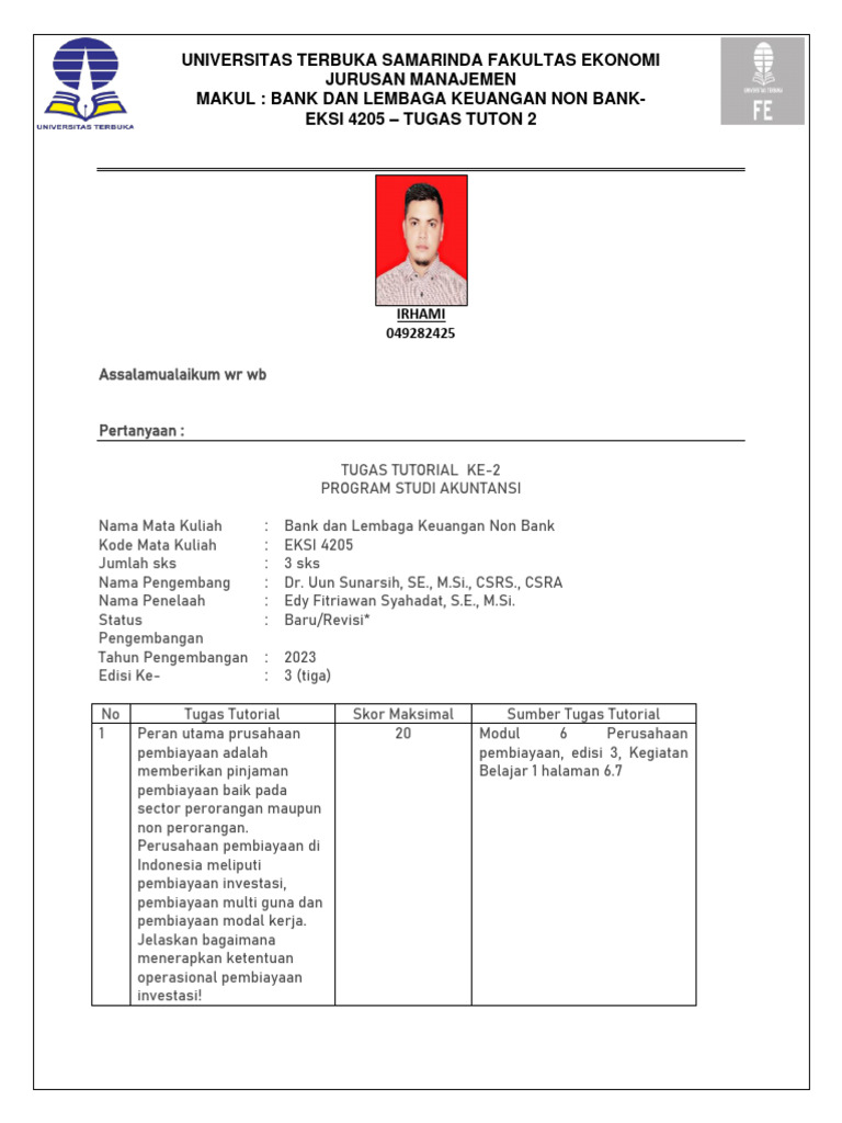 Tugas TUTON 2 Bank Dan Lembaga Keuangan Non Bank - EKSI 4205 | PDF | Pengelolaan Keuangan & Uang