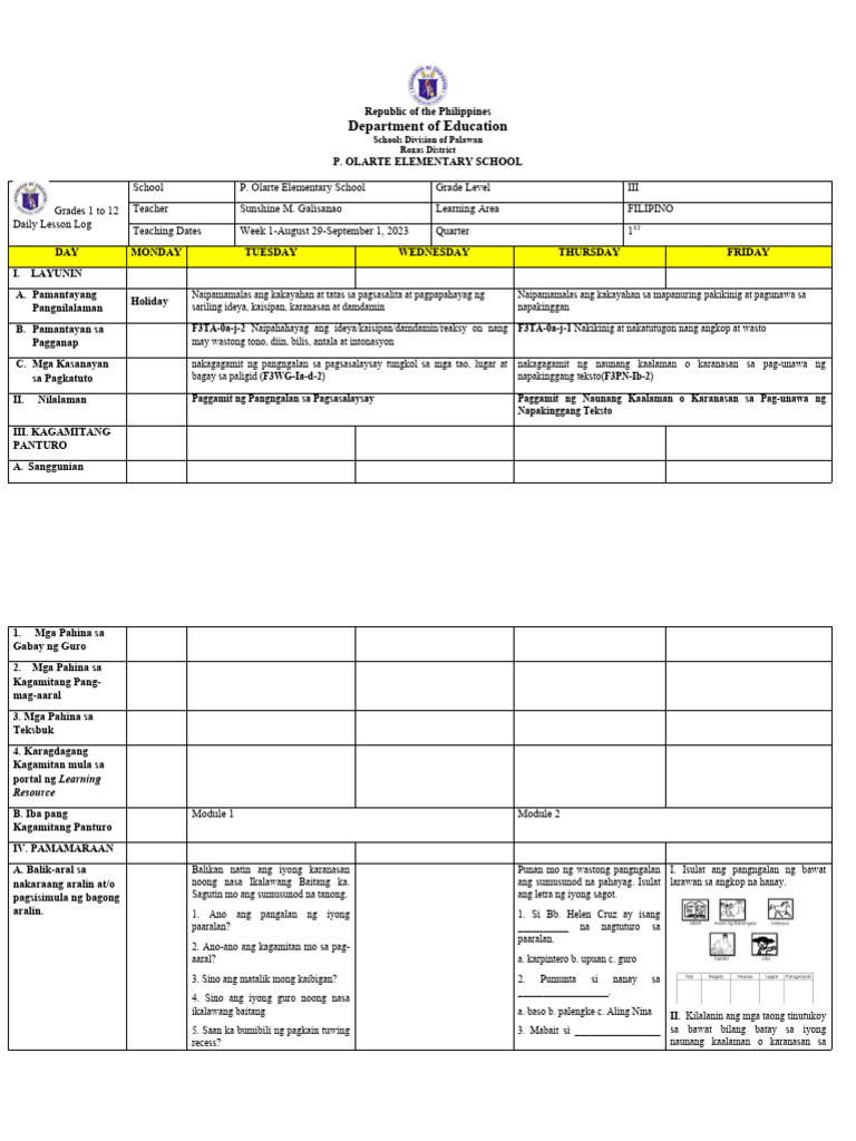 DLL Quarter 1 Week 1 Filipino | PDF