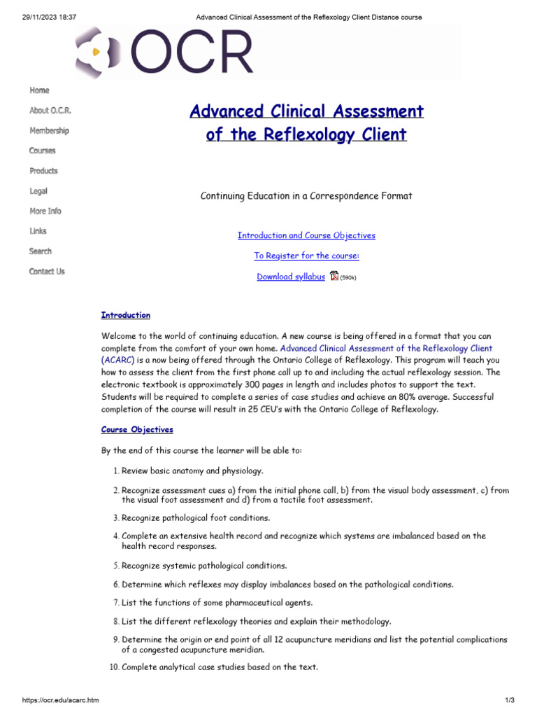 OCR Advanced Clinical Assessment of The Reflexology Client Distance ...