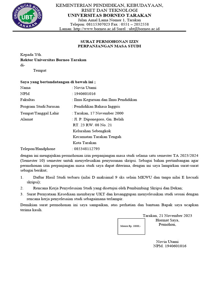 Surat Permohonan Perpanjangan Masa Studi (Revisi) | PDF