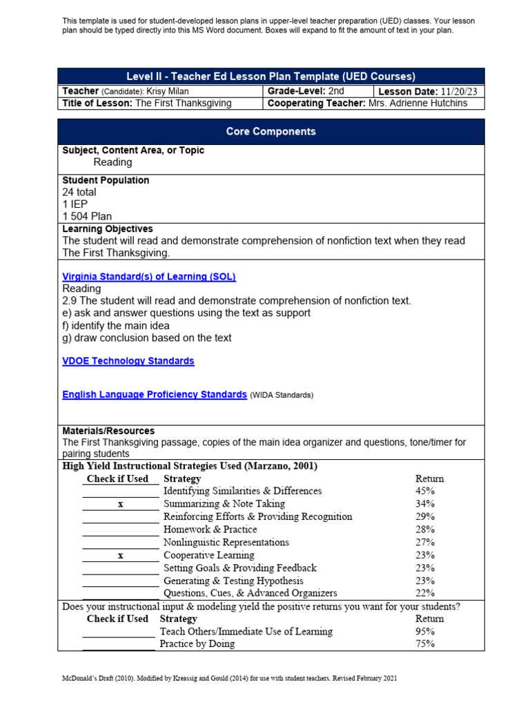 2nd Grade Lesson Plan: The First Thanksgiving | PDF | Lesson Plan ...