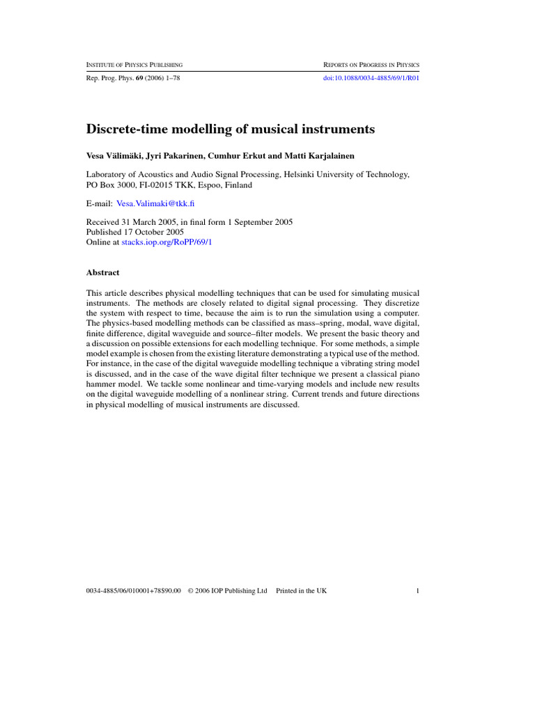 2006 Discrete Time Modelling Of Musical Instrument Pdf Digital Signal Processing