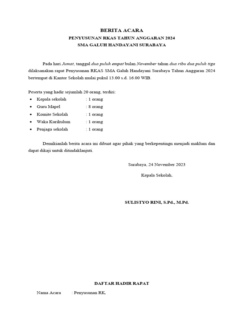 Contoh Berita Acara Penyusunan Rkas by Efullama | PDF