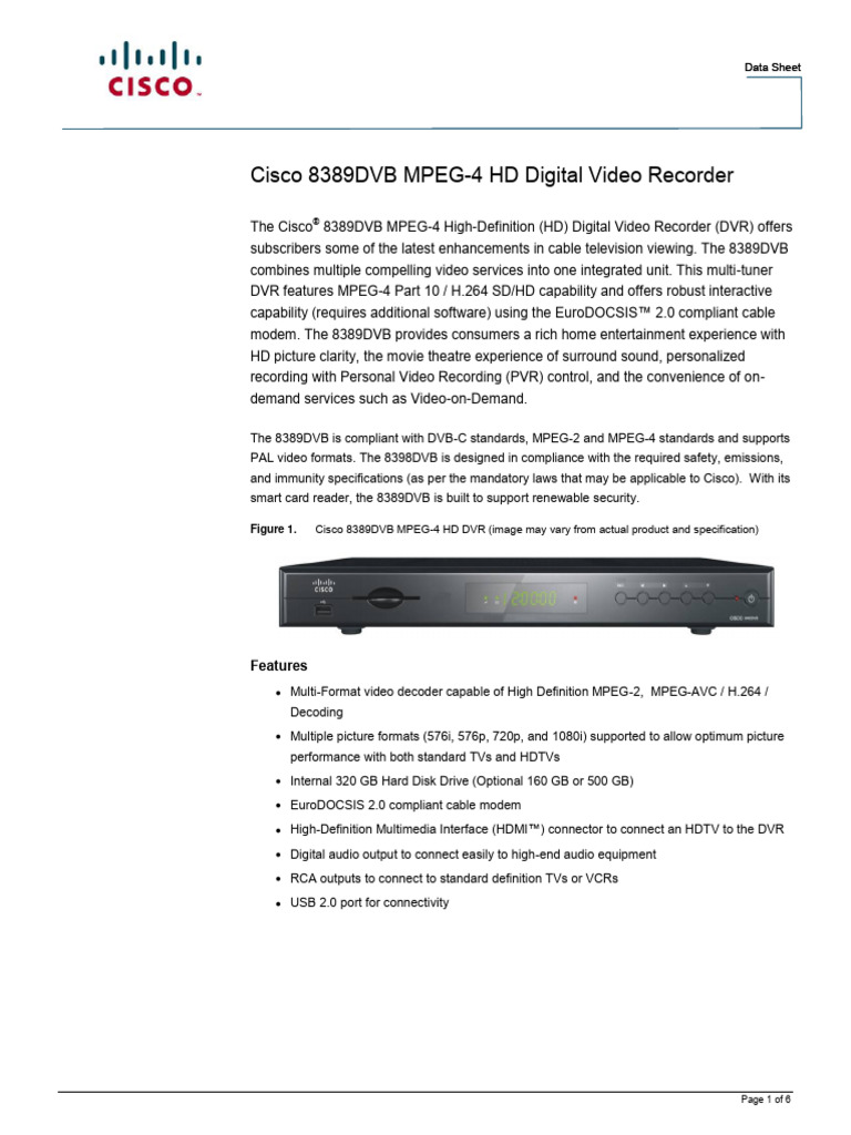 Cisco 8389DVB - Data Sheet | PDF | Digital Video Recorder | Hdmi