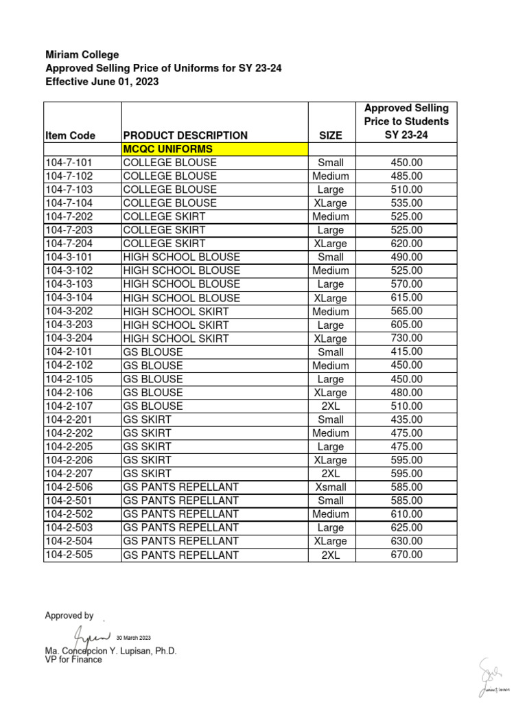 Miriam College Uniform Price List 2023 | PDF | Clothing | Fashion