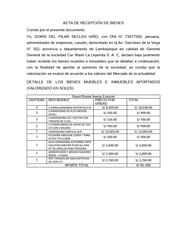 Acta de Recepción de Bienes | PDF