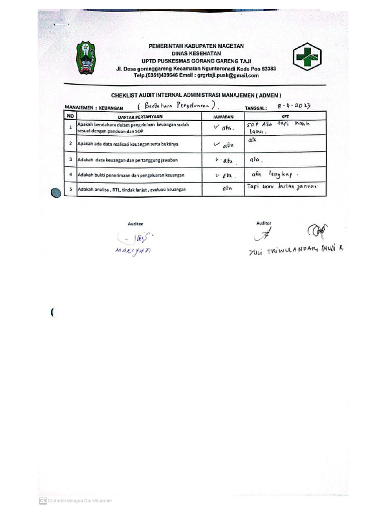 Cek List, Temuan, Dokumentasi Kegiatan Audit Internal | PDF