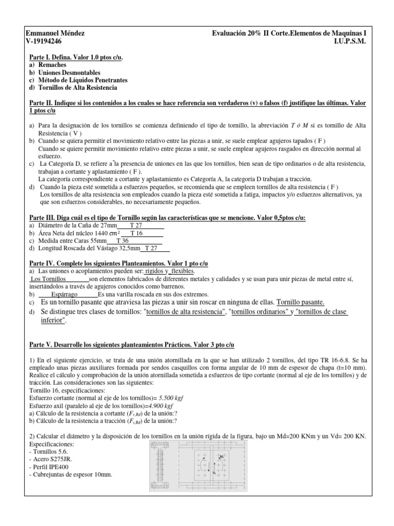 Evaluacion de Elementos de Maquinas 20 | PDF | Tornillo | Remache Evaluacion de Elementos de Maquinas 20 | PDF | Tornillo | Remache